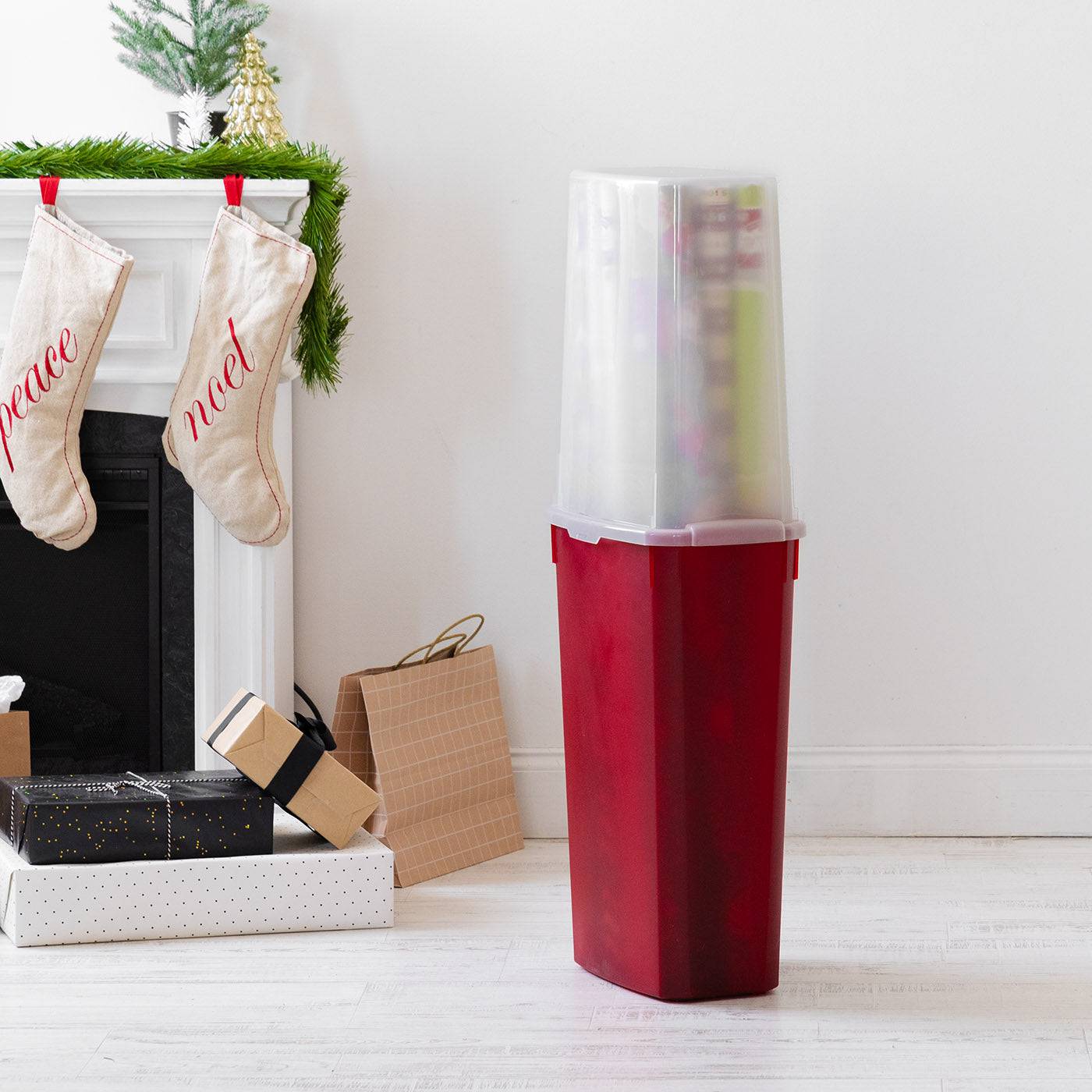 40" Wrapping Paper Storage Container with Built-in Handles, Clear/Red ...