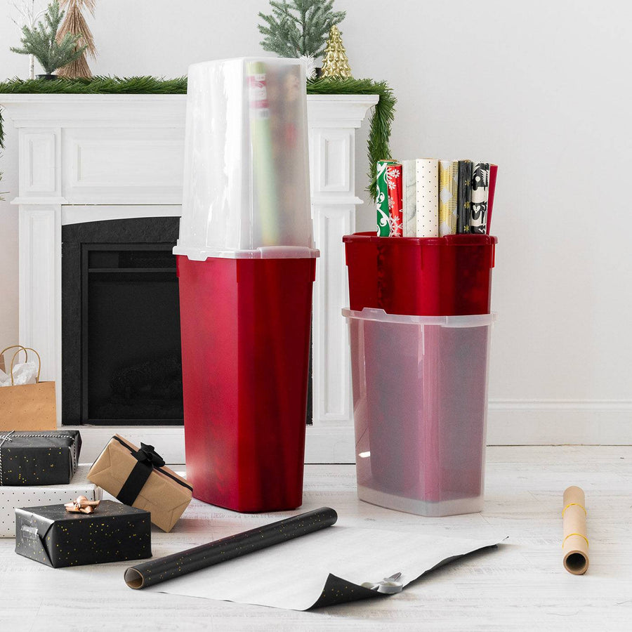 40" Wrapping Paper Storage Container with Built-in Handles, Clear/Red ...